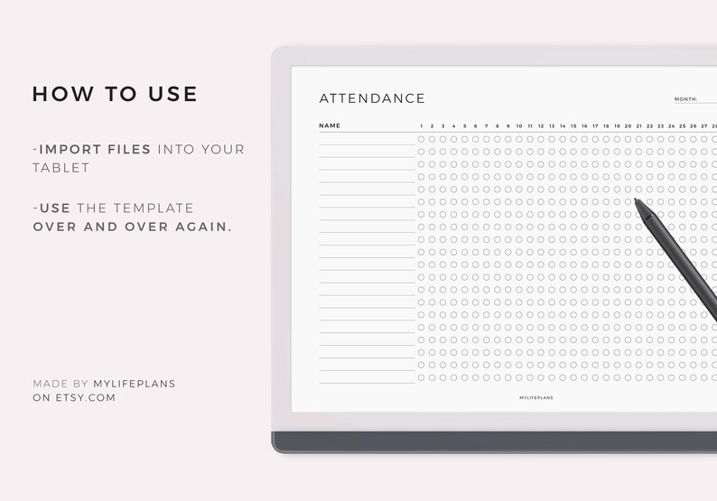 Monthly Employee Attendance Log for Remarkable 2, Landscape, Instant ...