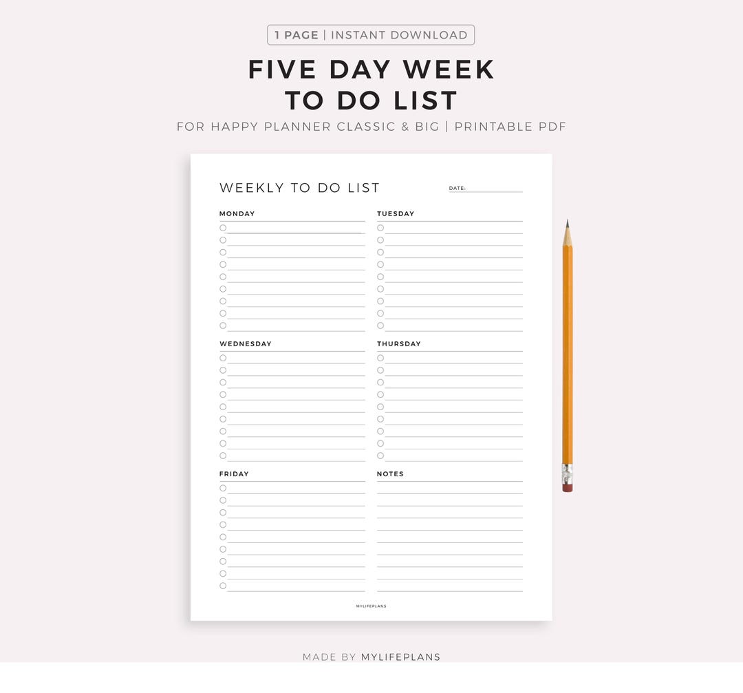 Five Day Week to Do List Printable for Happy Planner Classic & Big ...