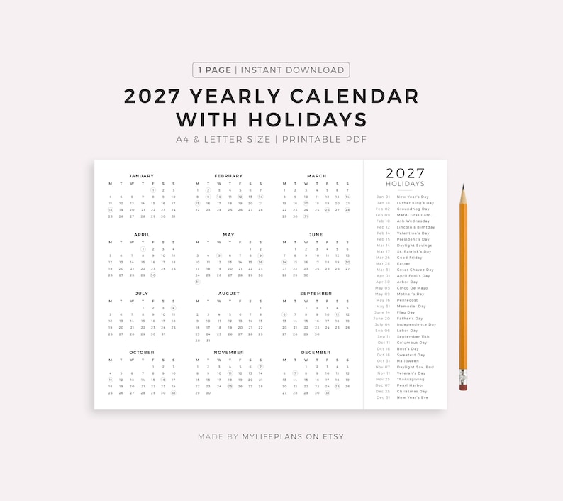 2027 Year Calendar With Holidays on One Page, Printable, Landscape ...