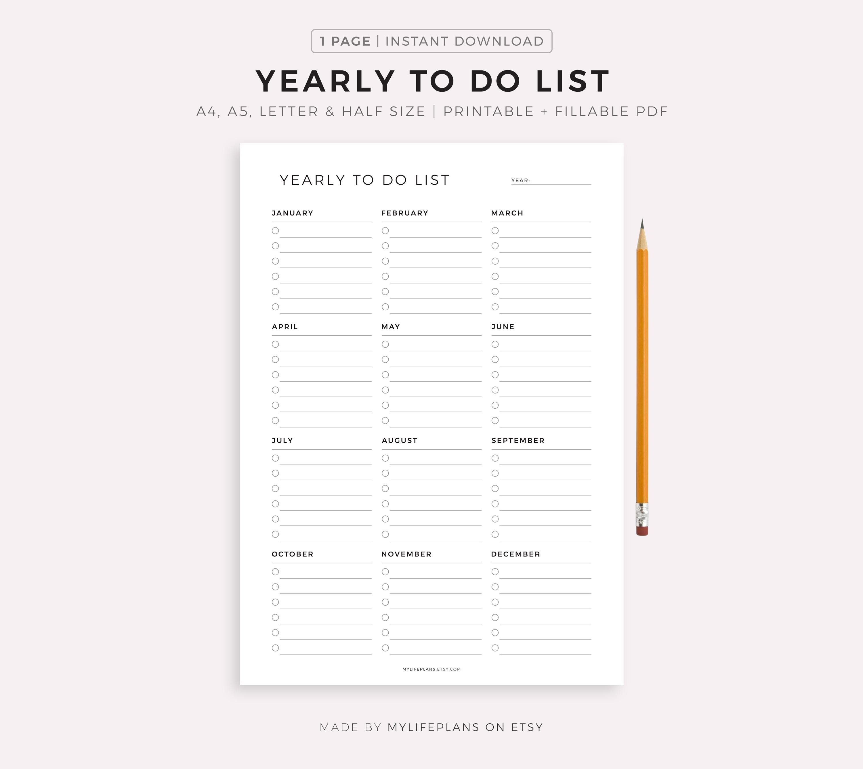 Yearly to Do List, Yearly Tasks, Yearly Planner, Annual Planner ...