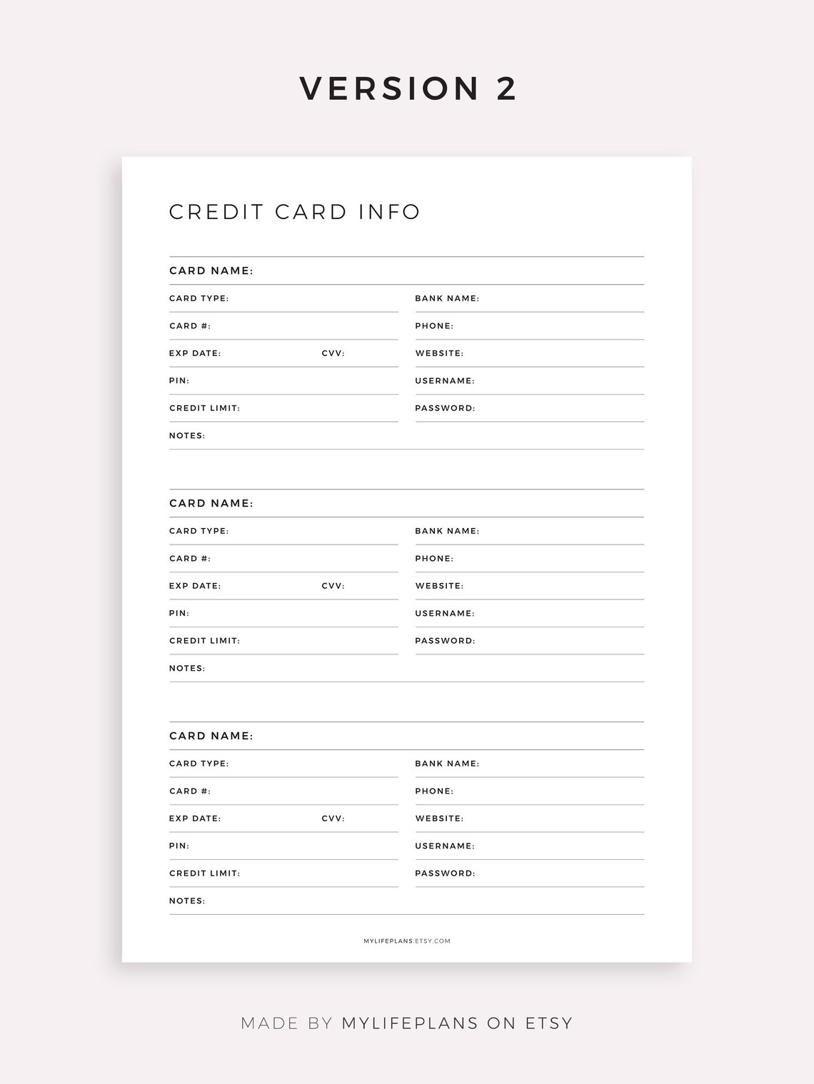 Credit Card Information Tracker Printable & Fillable, Credit Card Log ...