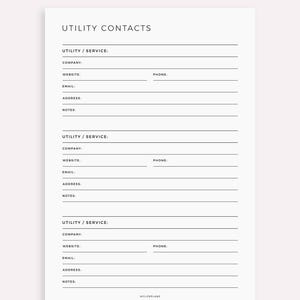 Utility Contacts Template for Home / Business, Service Provider Contact ...