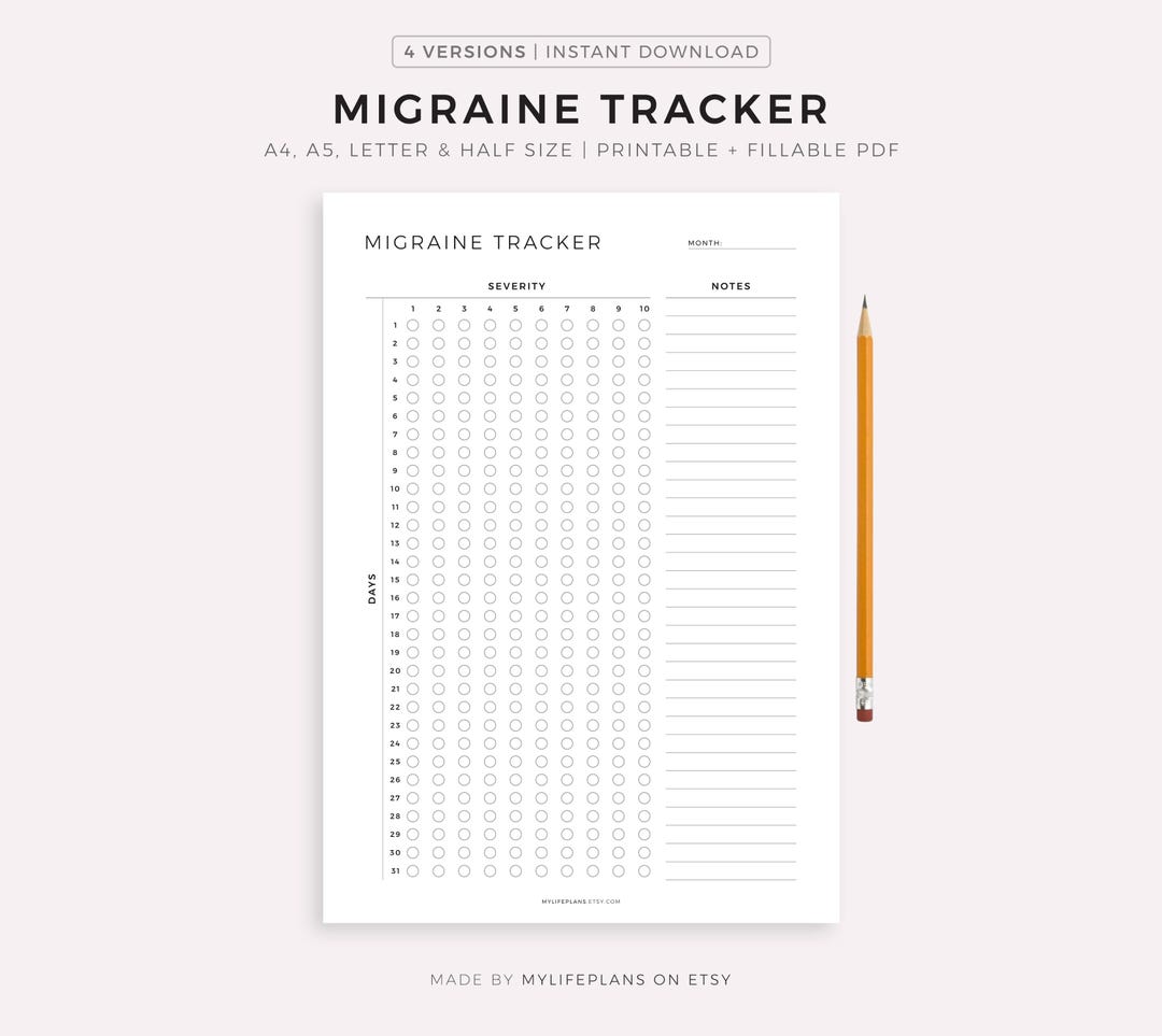 Monthly Migraine Tracker Printable Template, Headache Pain Tracker ...