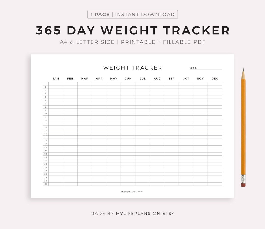 365 Day Weight Tracker Printable Landscape, Daily Weight Journal ...