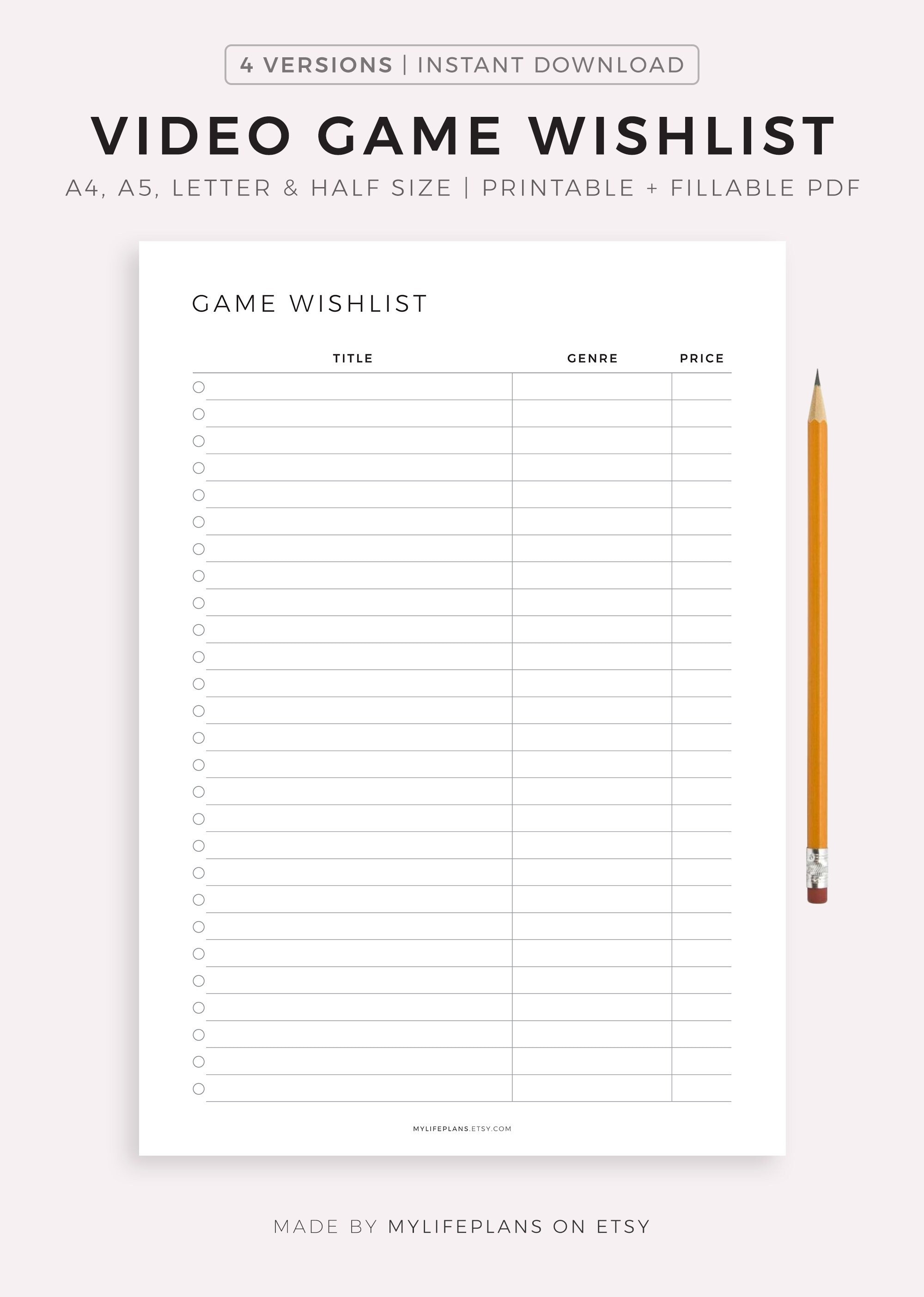 Video Games Wishlist Printable Page A4/a5/letter/half Size - Etsy