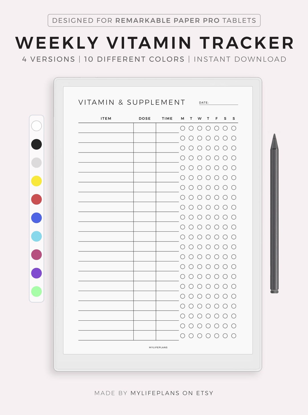 Weekly Vitamin Tracker for Remarkable Paper Pro, Supplement Checklist ...