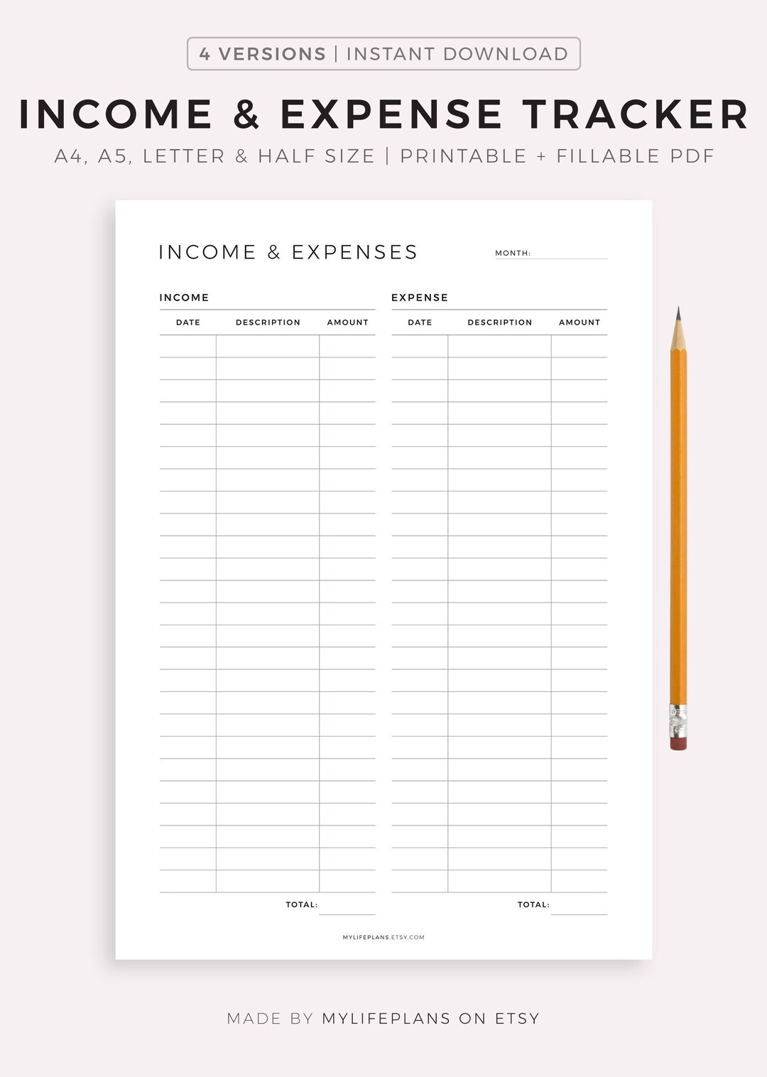 Income & Expense Tracker on One Page, Financial Planner Printable ...