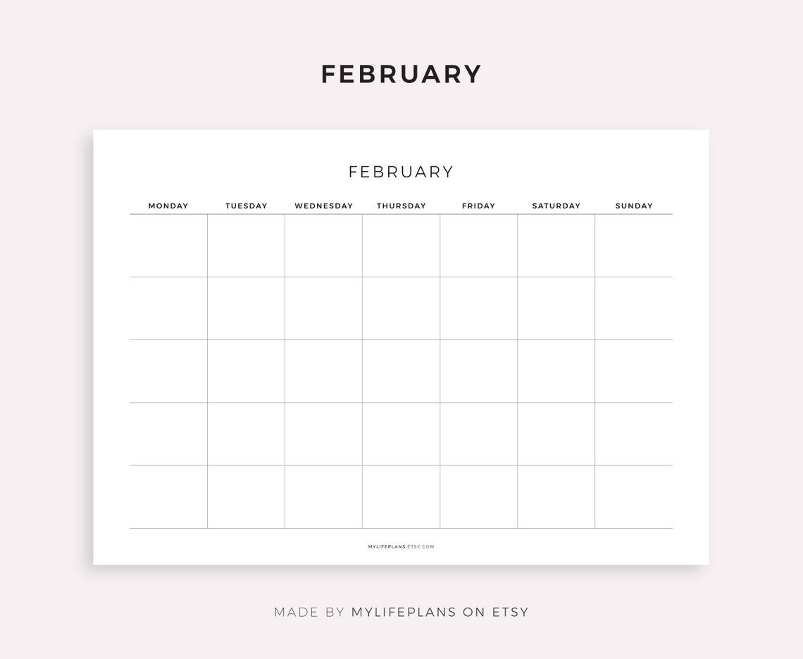 Undated Monthly Calendar Printable Landscape, Minimalist Calendar ...