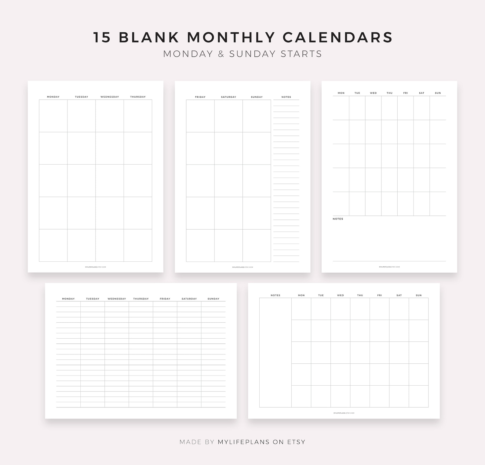 Blank Calendar Inserts Bundle Printable, A4/a5/letter/half Letter ...
