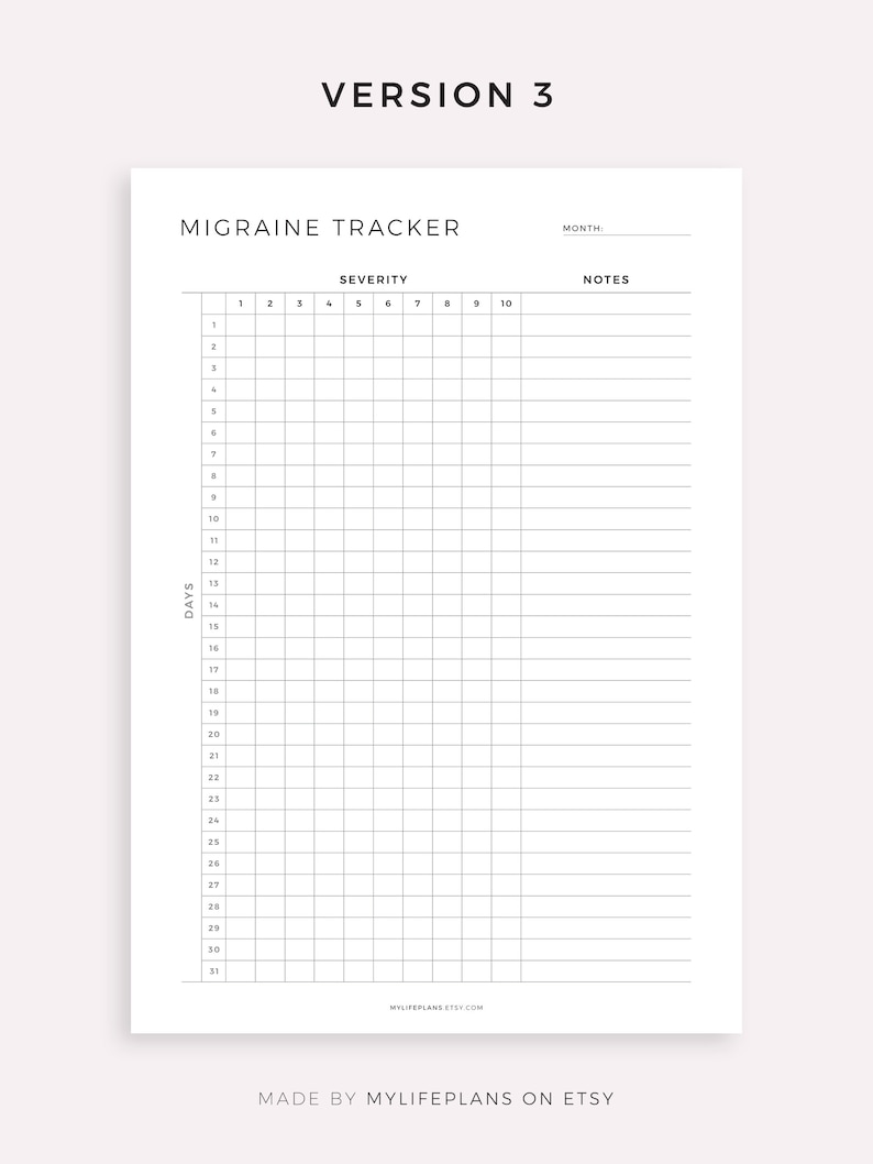 Monthly Migraine Tracker Printable Template, Headache Pain Tracker ...