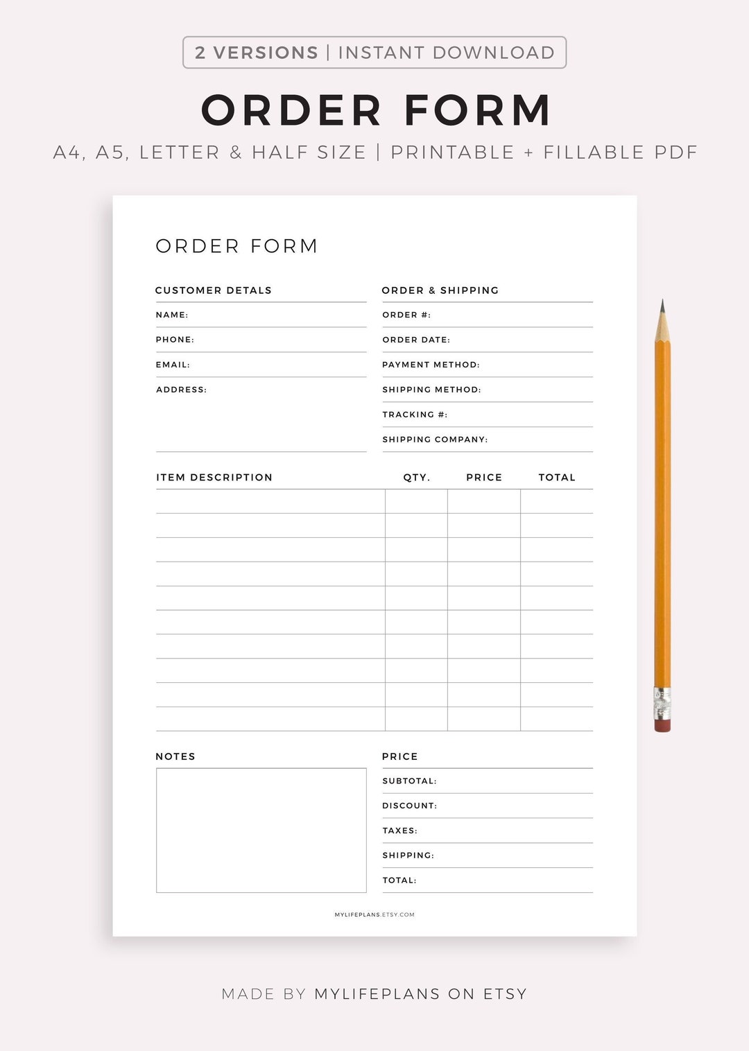 Fillable Order Form Template Printable, Order Form for Small Business ...