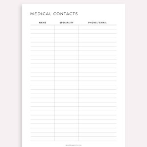 Medical Contacts List Template, Healthcare Contacts, Doctor Contacts ...