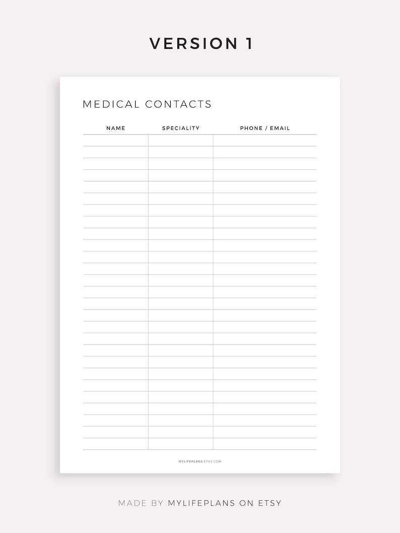Medical Contacts List Printable Healthcare Contacts Doctor - Etsy