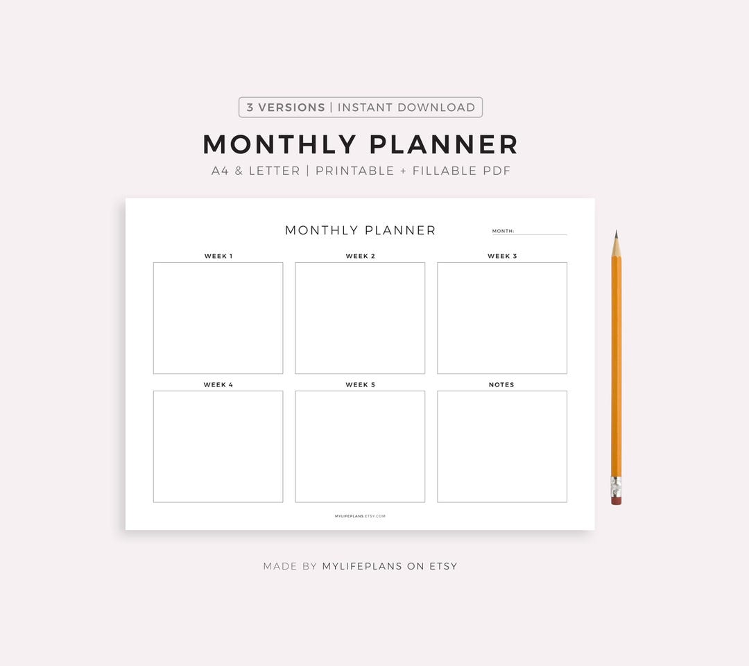 Monthly Planner Printable Landscape, Minimalist Monthly Organizer ...