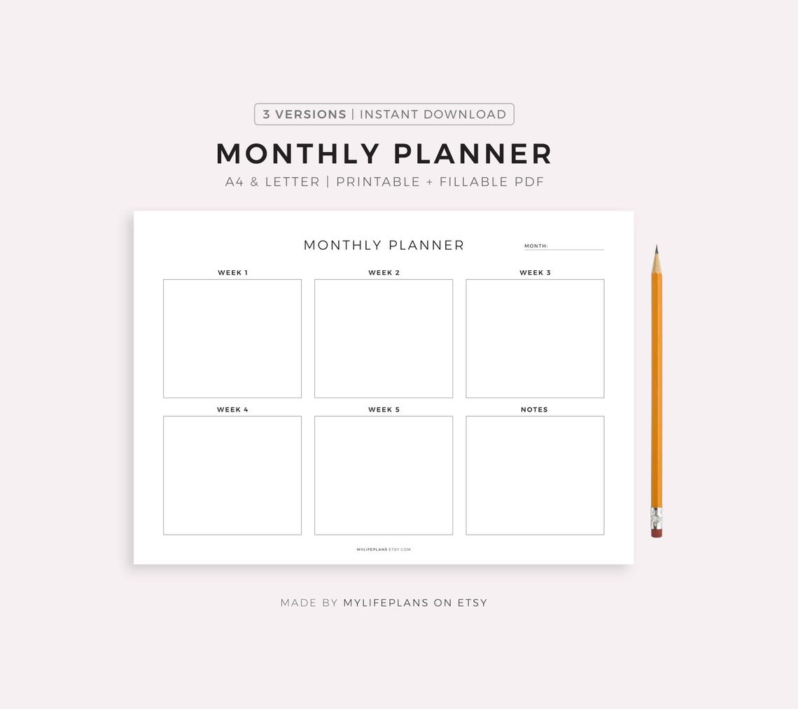 Monthly Planner Printable Landscape, Minimalist Monthly Organizer ...