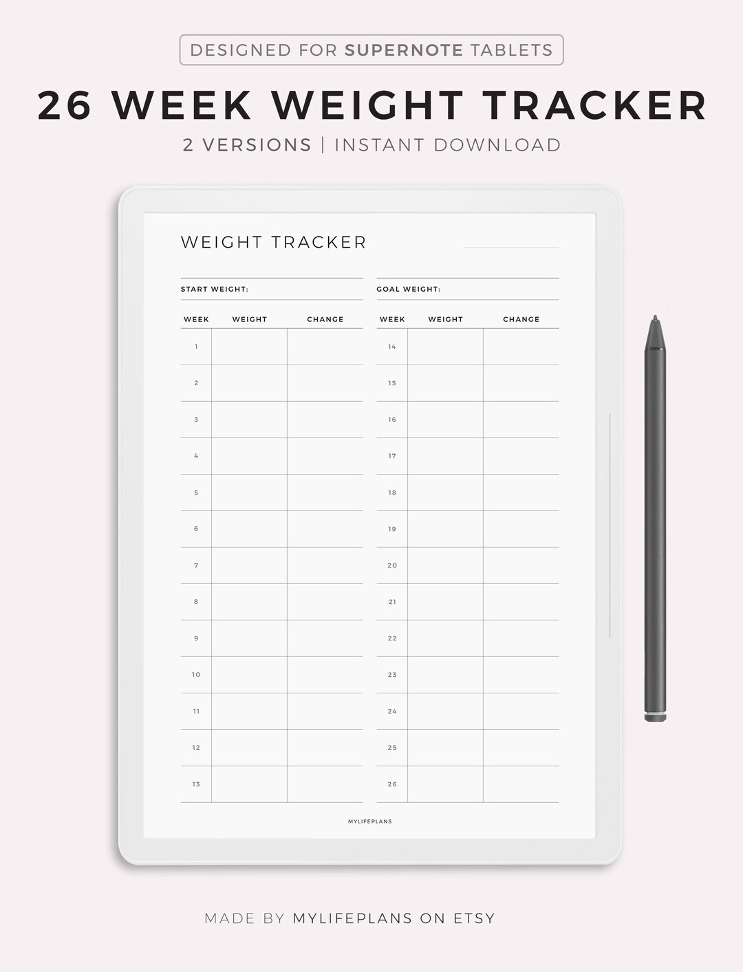 26 Week Weight Tracker for Supernote A5X2/A5X/A5/A6X2/A6X/A6, Weight ...