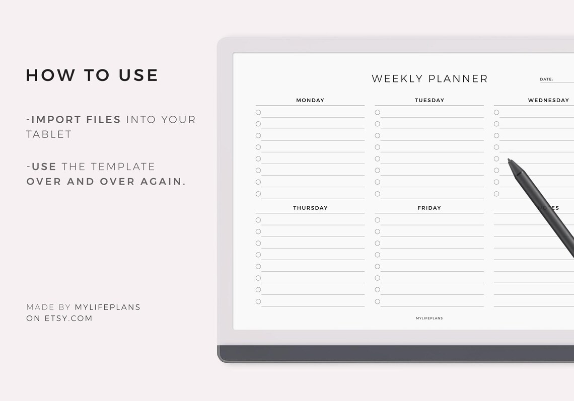 Five Day Weekly Planner for Remarkable 2, Landscape, Instant Download ...