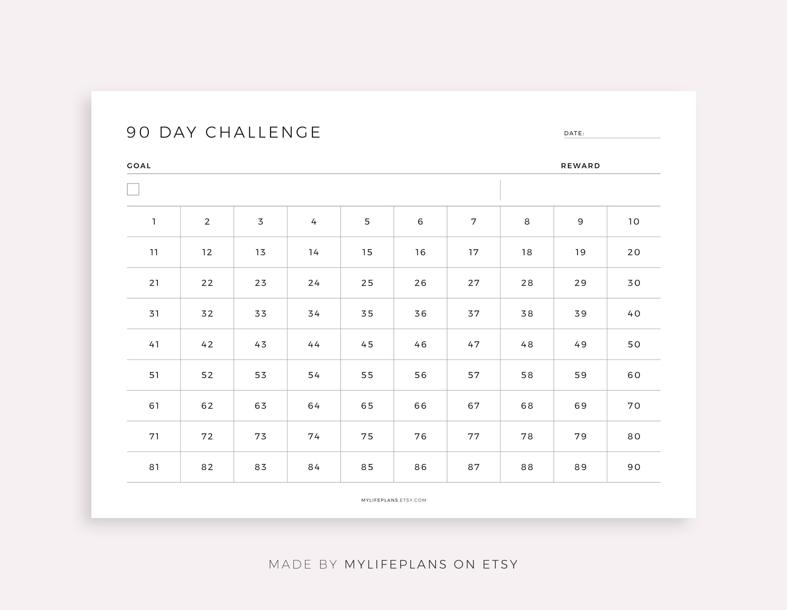 90 Day Challenge Printable Landscape, Goal Setting, Progress Tracker ...