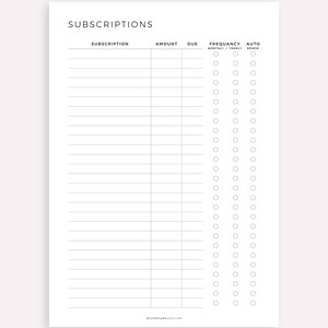 Subscription Tracker Printable Membership Checklist Expense - Etsy