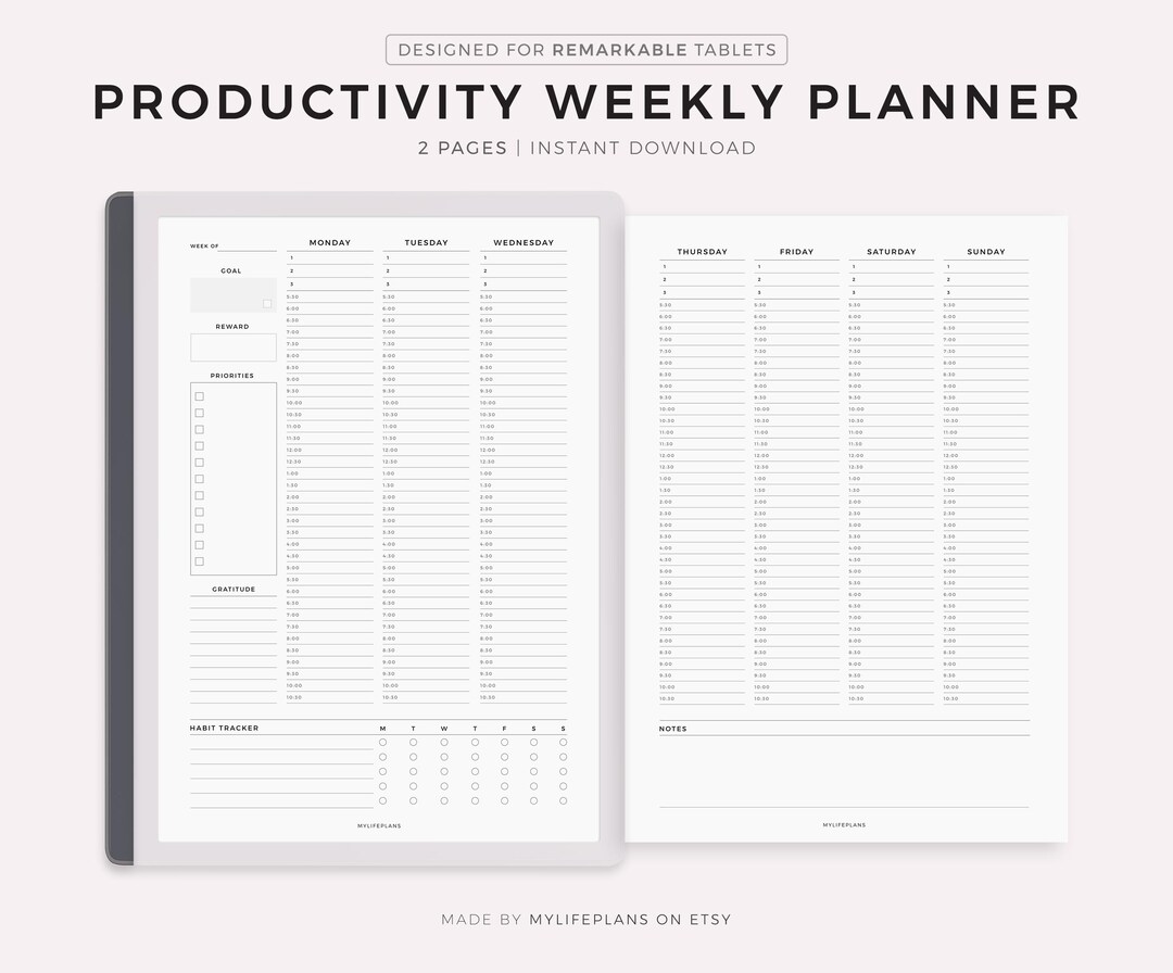 Productivity Weekly Planner for Remarkable 2, Sunday & Monday Start ...