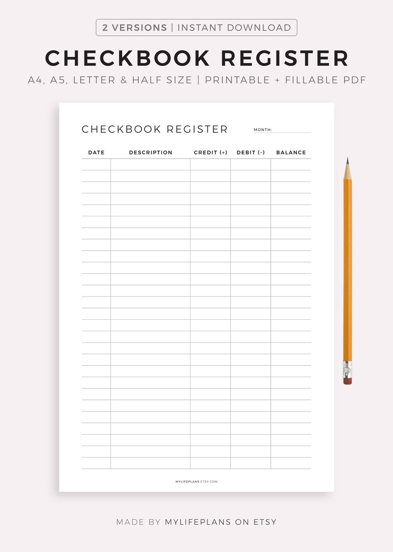 Checbook Register Printable Check Transaction Tracker - Etsy