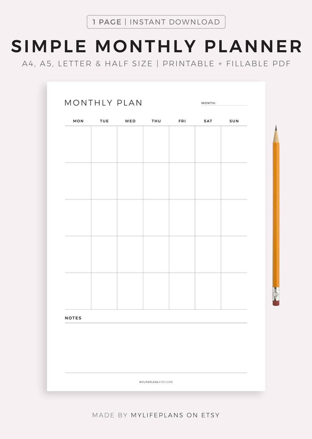 Simple Monthly Planner Printable, Minimal Monthly Schedule, Monday and ...