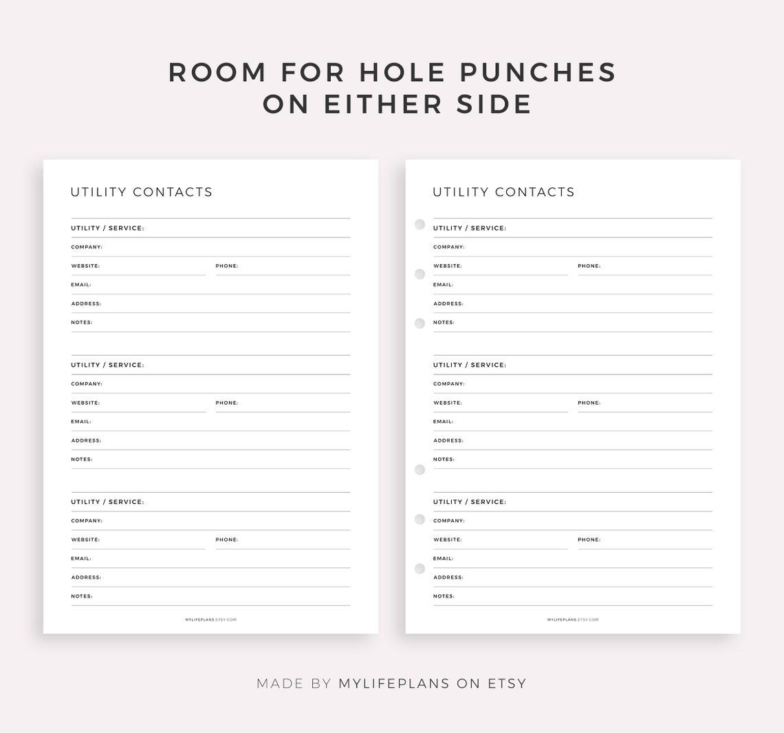 Printable Utility Contacts Template, Service Provider Contact List ...