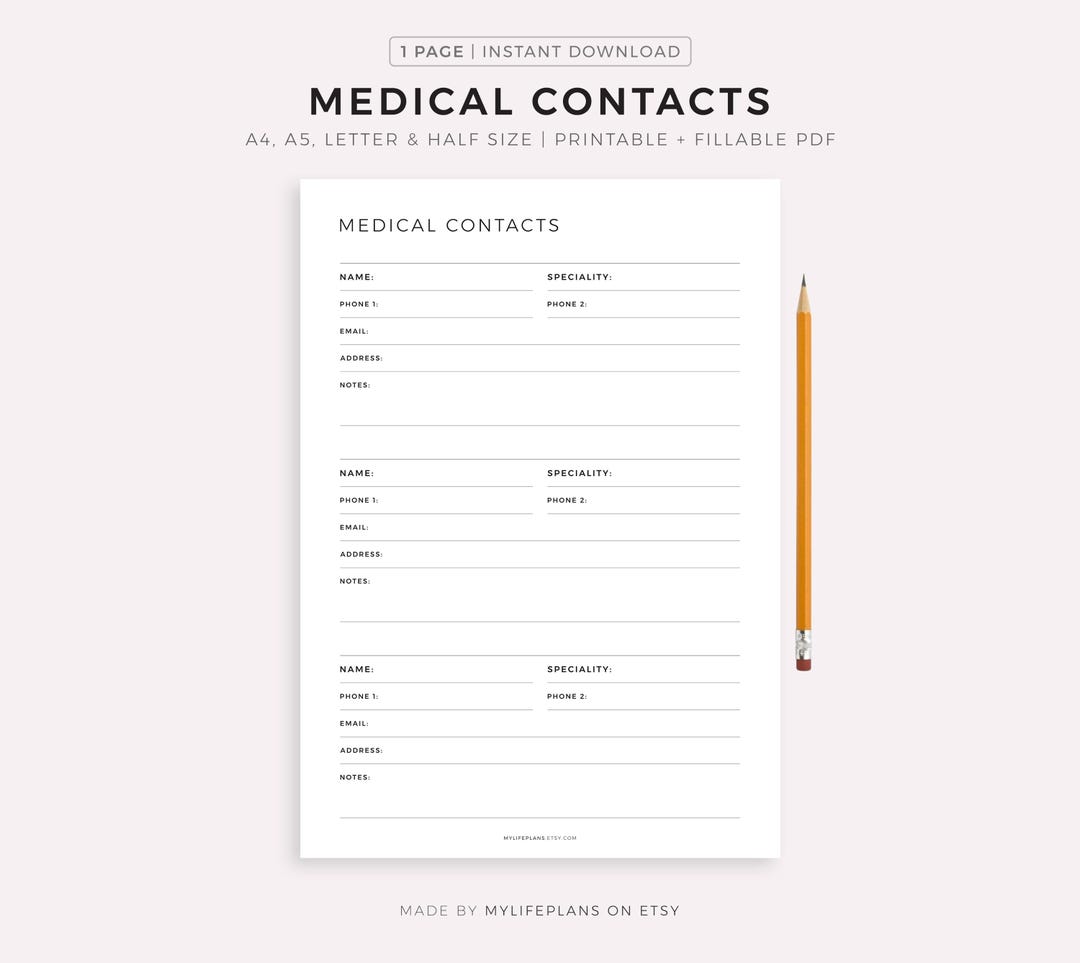 Medical Contacts List Printable, Healthcare Contacts, Doctor Contacts ...