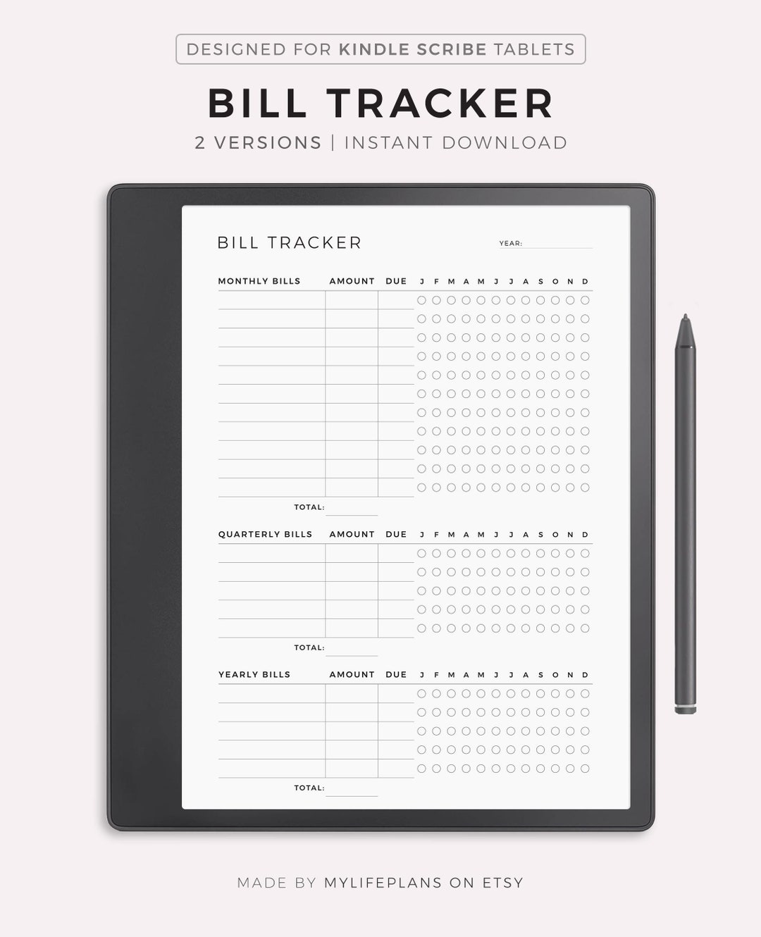 Monthly, Quartly, Yearly Bill Tracker on One Page, Bill Payment ...