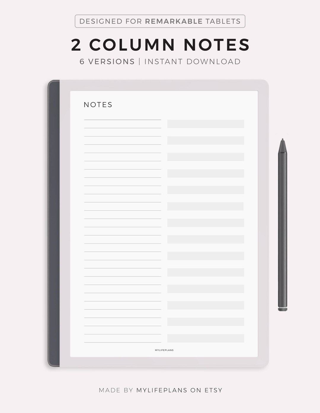 2 Column Notes Page for Remarkable 2, Notes Template, Writing Paper ...