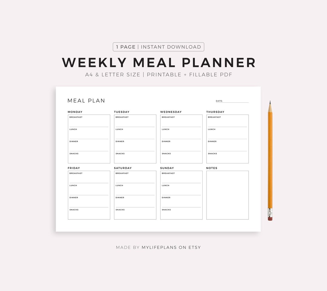 Printable Weekly Meal Planner Landscape, Food Diary, Meal Tracker, Food ...