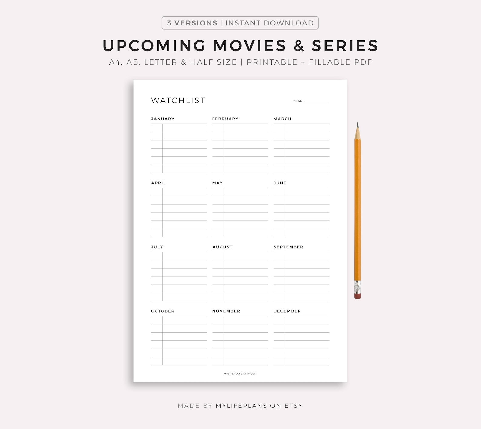 Upcoming Movies & TV Series to Watch, Printable and Fillable Template ...