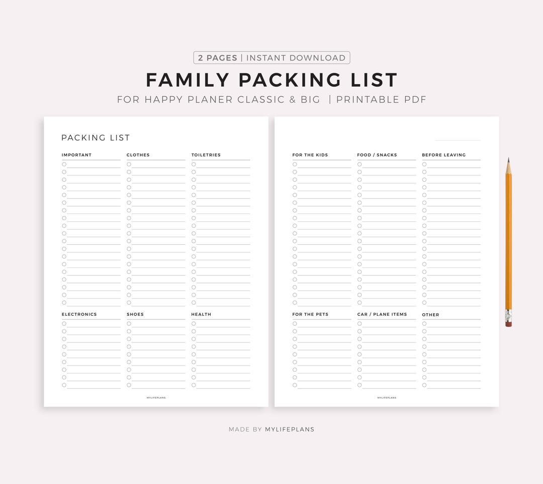Family Travel Packing List, Printable Template for Happy Planner ...