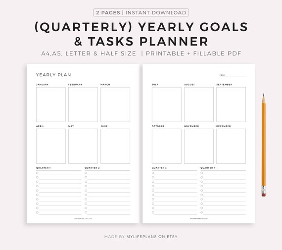 Quarterly Yearly Planner Printable Yearly Goals & Tasks | Etsy