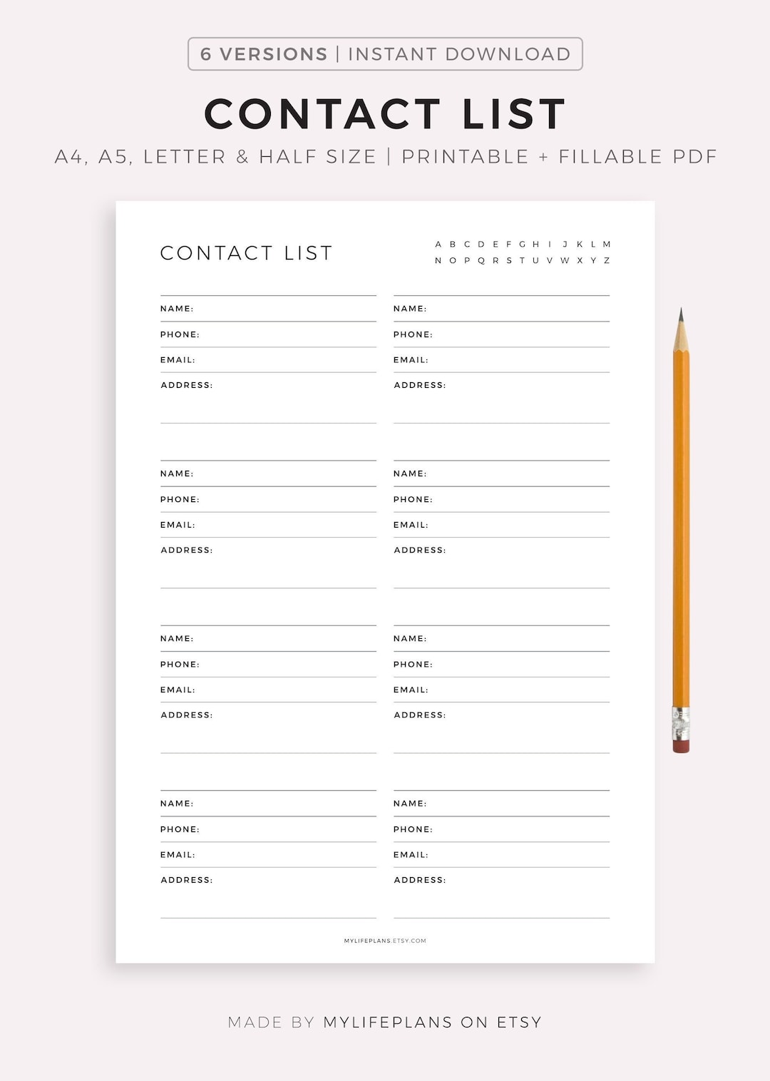 Contacts List Printable, Address Book, Contact Information, Contact Organizer, Planner Inserts ...