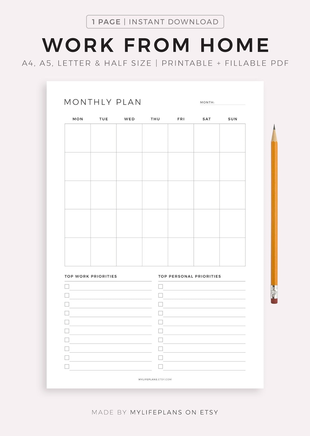Work From Home Monthly Planner Printable, Monthly to Do List for Work ...