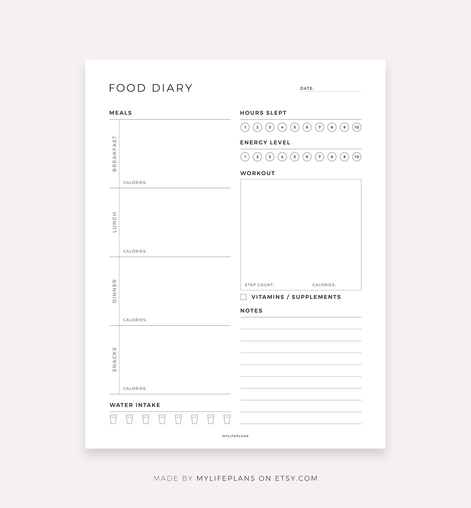 Digital Daily Food Diary, Food Journal, Vitamin Intake, Water Intake ...