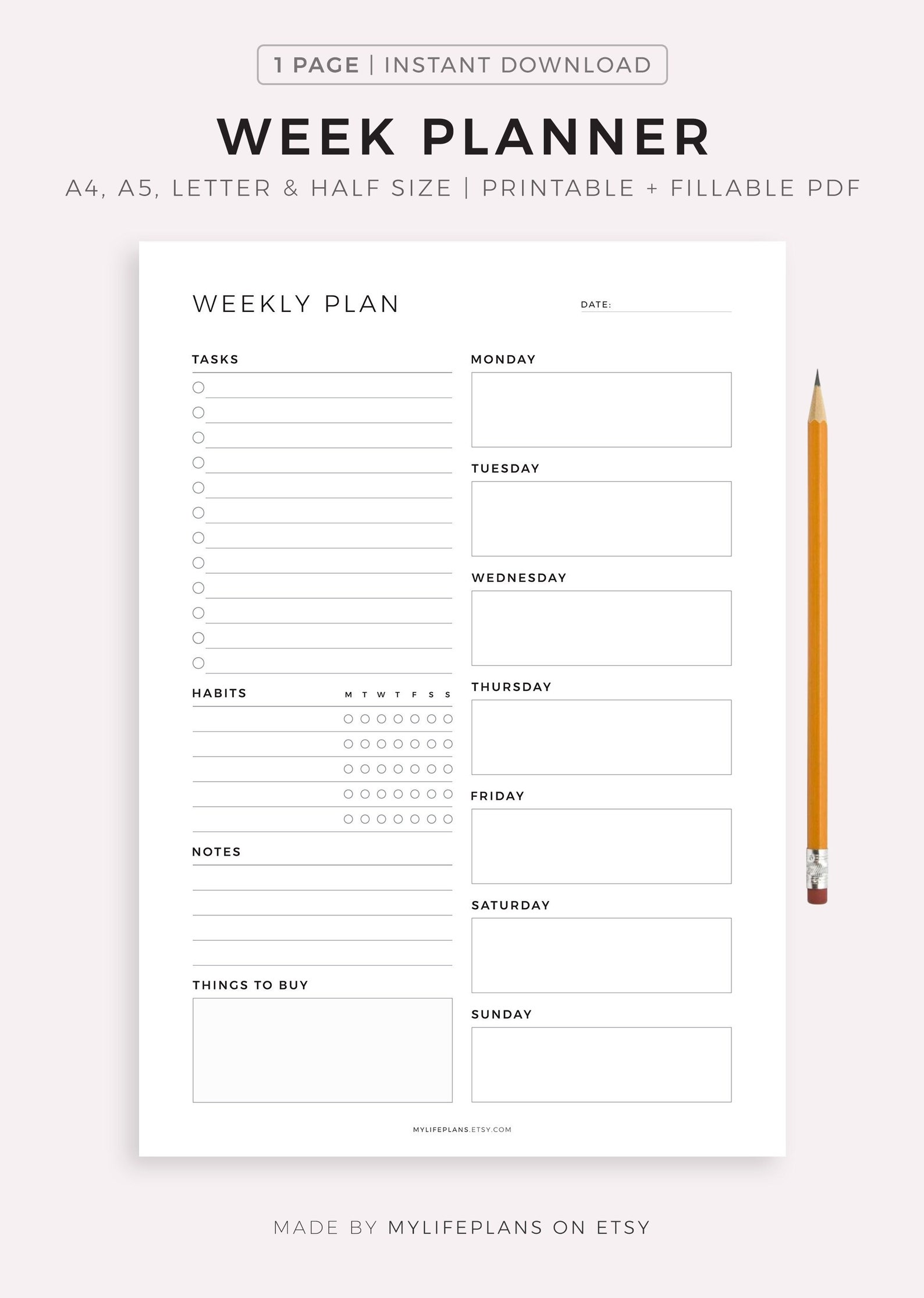 Printable Week Planner PDF Weekly to Do List Weekly Habit | Etsy