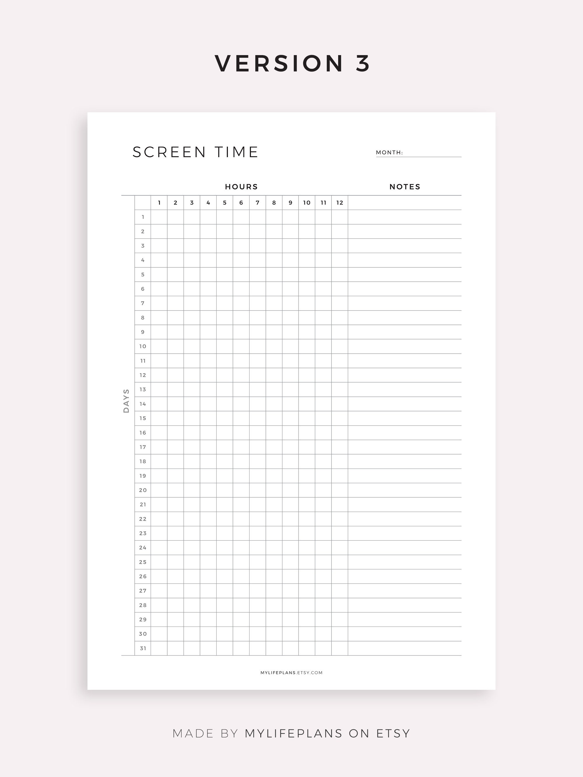 Screen Time Tracker Printable - Get Your Digital Life Under Control by Tracking Your Screen Time ...