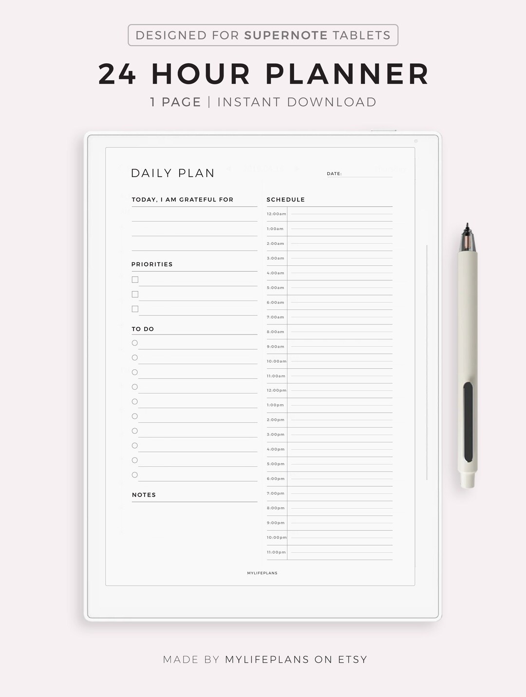 Supernote 24 Hour Daily Planner, Daily to Do List for Work / Personal ...