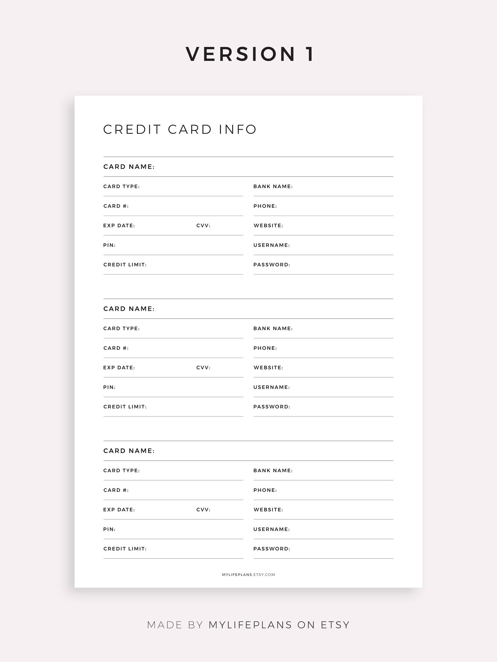 Credit Card Information Tracker Printable & Fillable Credit - Etsy