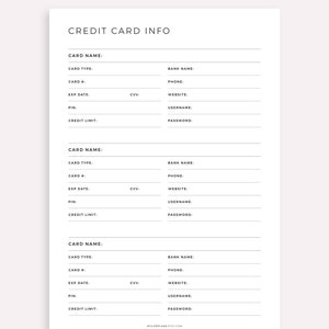 Credit Card Information Tracker Printable & Fillable, Credit Card Log ...