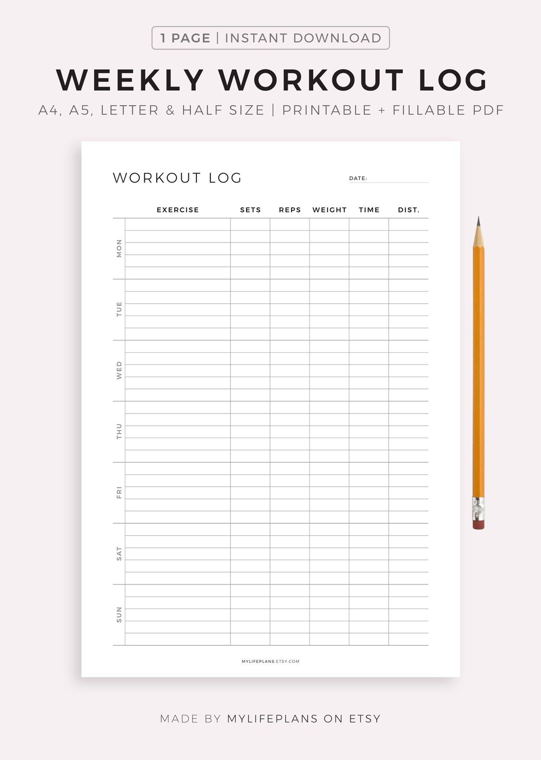 Weekly Workout Log Printable Template, Daily Workout Planner, Exercise ...