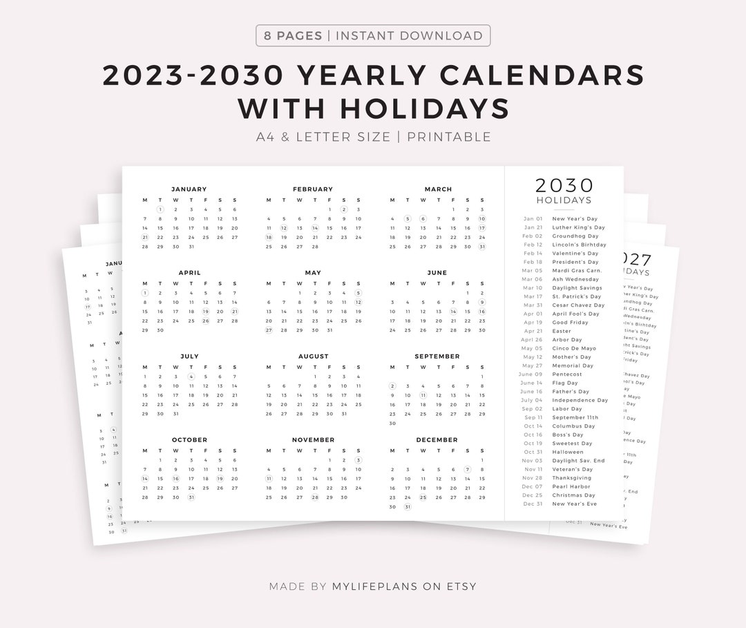 2023-2030 Year Calendars With Holidays on One Page, Printable ...