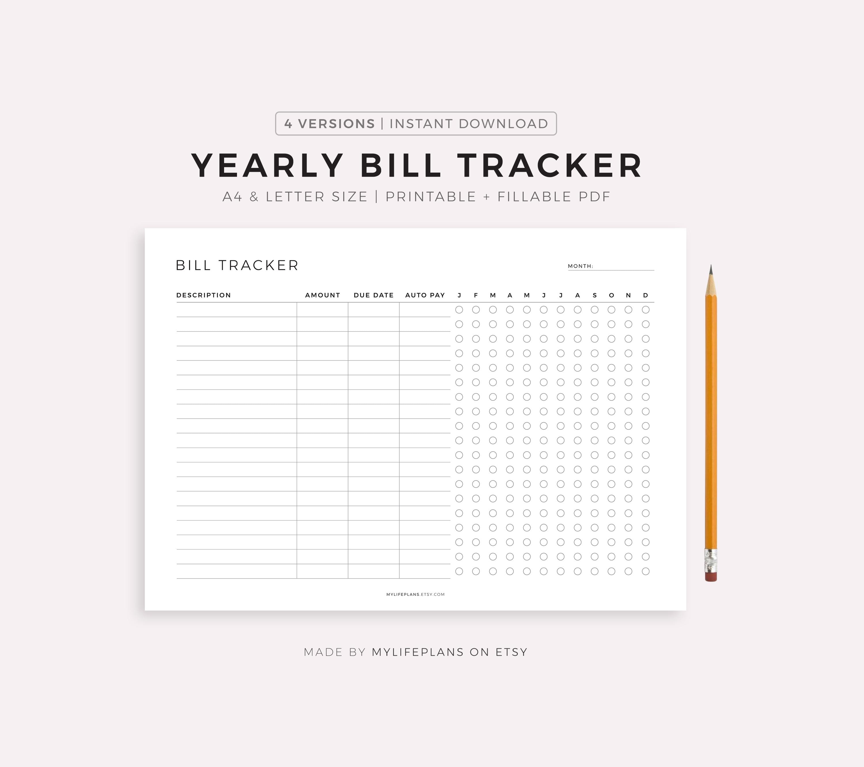 Yearly Bill Tracker Printable Landscape, Bill Payment Checklist, Bill ...