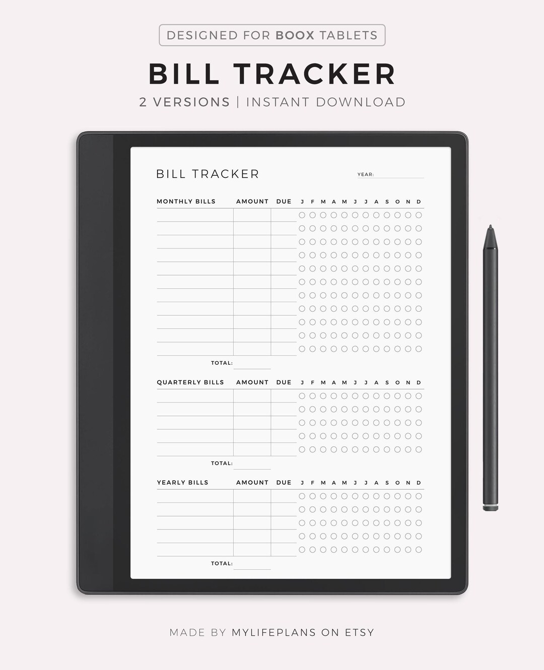 Monthly, Quartly, Yearly Bill Tracker on One Page, Bill Payment ...