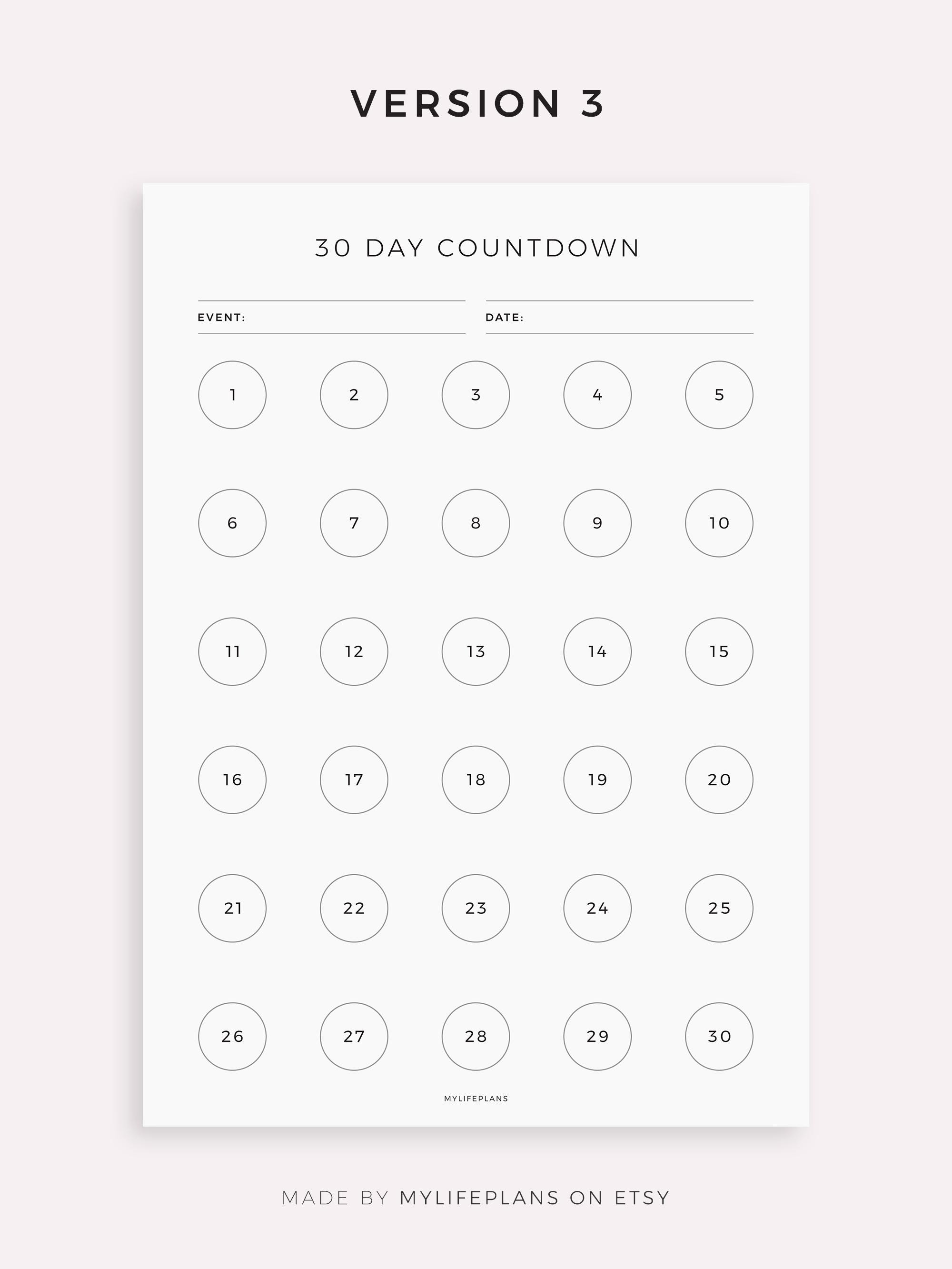 30, 60, 100 Day Countdown Tracker to Vacation, Birthday, Wedding, New ...