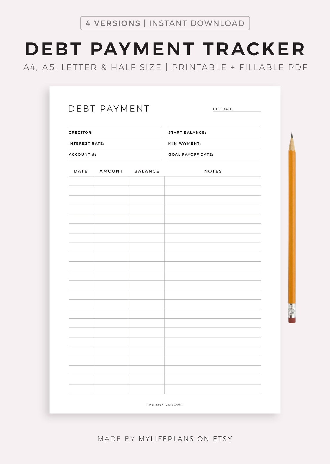 Debt Payment Tracker Printable Debt Payoff Log Debt - Etsy