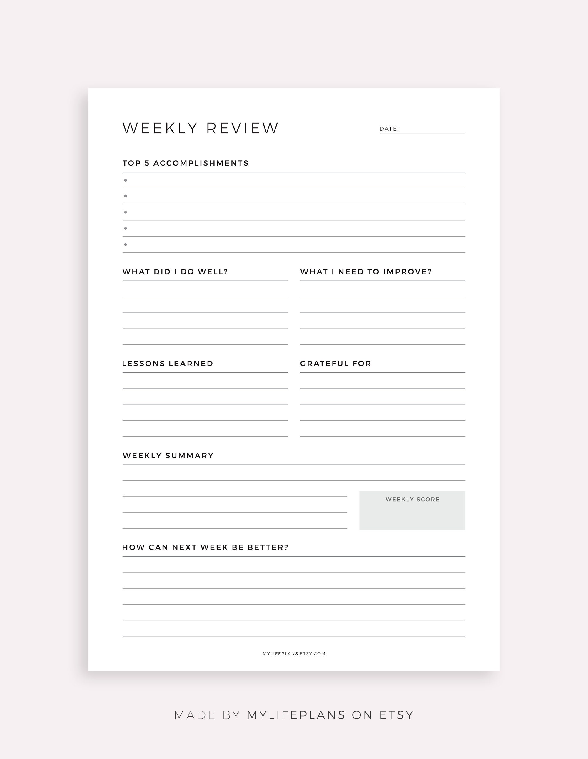 Weekly Review Weekly Reflection Weekly Evaluation Weekly | Etsy