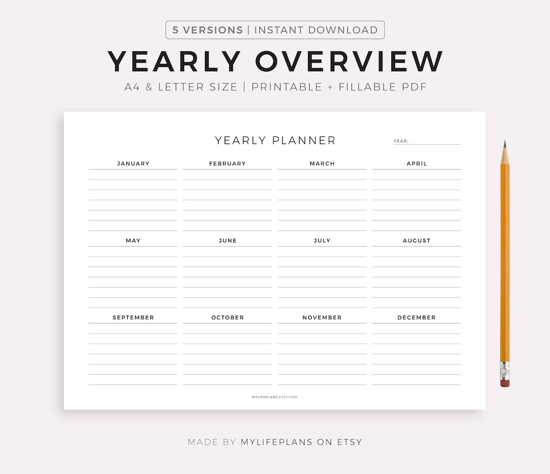 Yearly Overview Printable Landscape, Yearly Planner, Year at a Glance ...